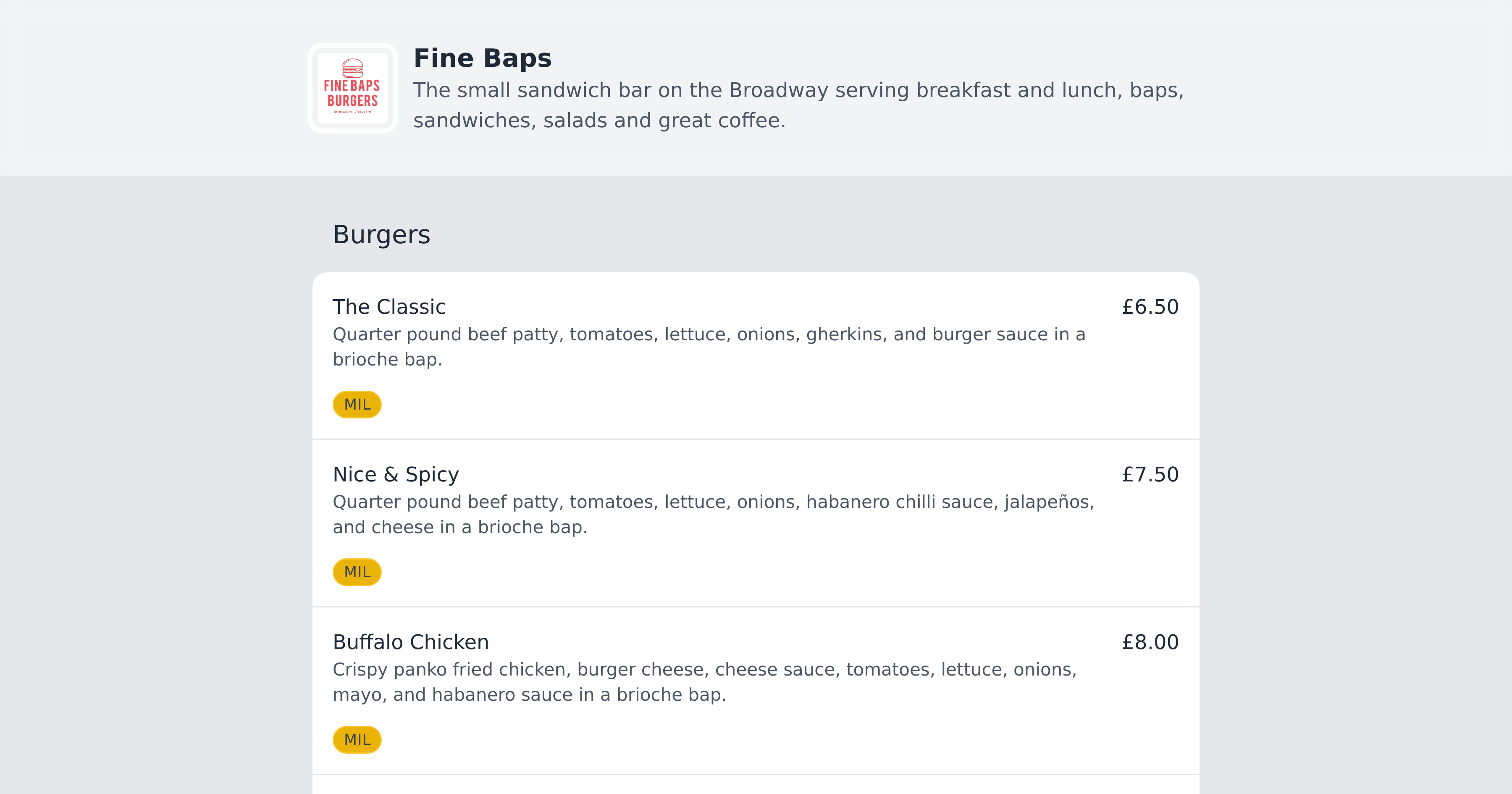 Fine Baps Menu powered by Fussy Fork